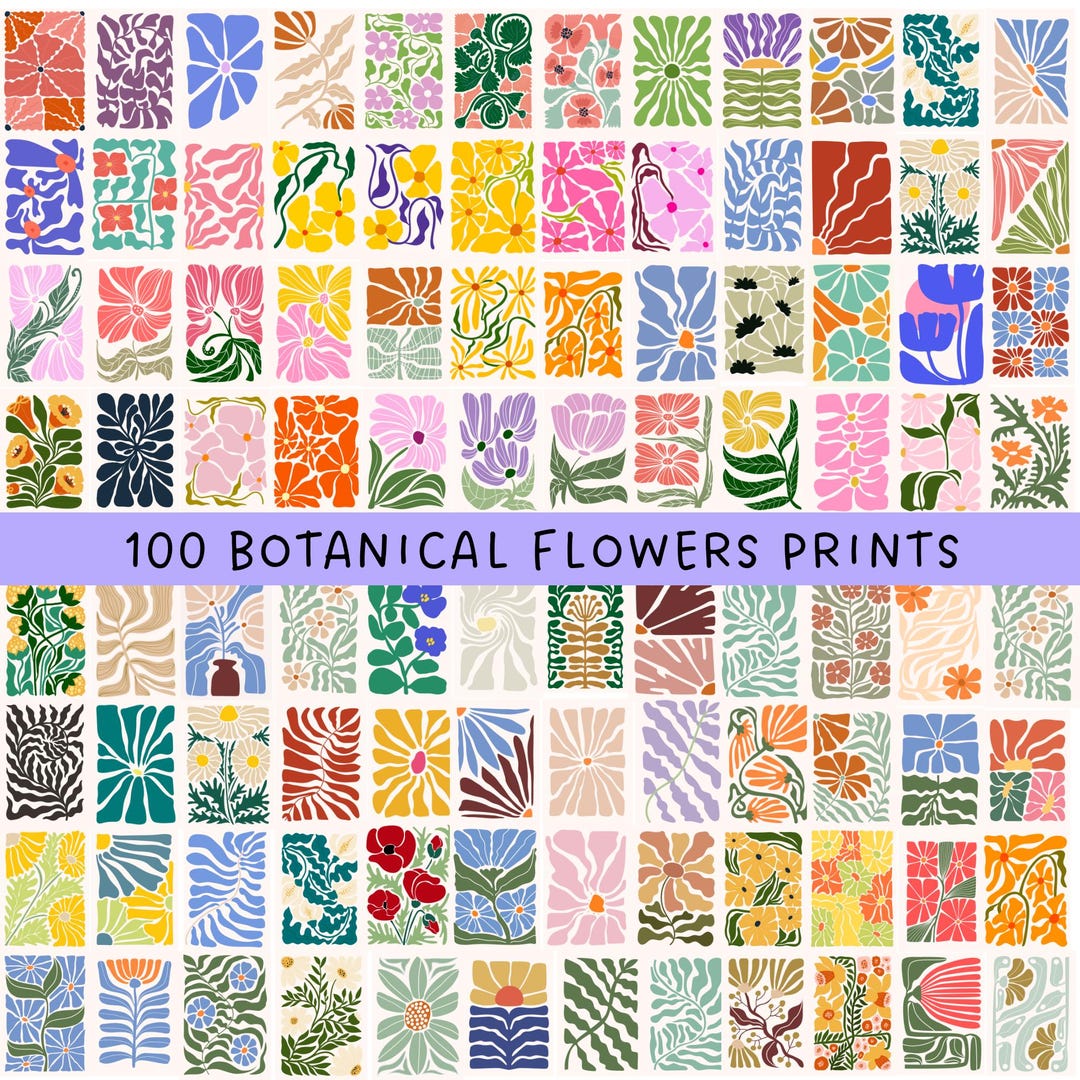 100 Botanical Flower Prints Bundle – Colorful Boho Wall Art – Digital ...
