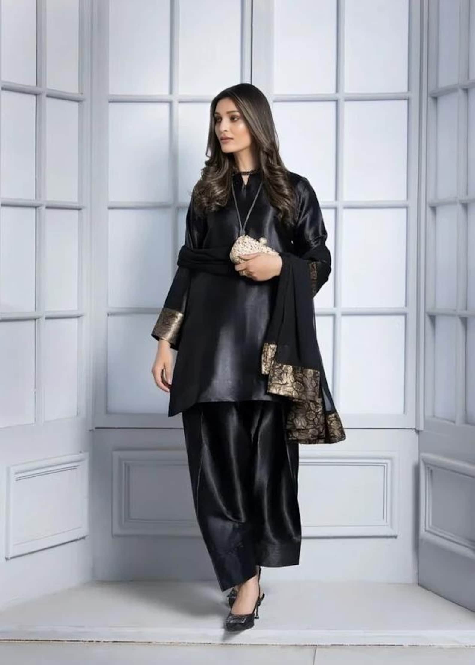 Black Silk Farshi Suit , Daily and Party Wear , Elegant Farshi Dress ...