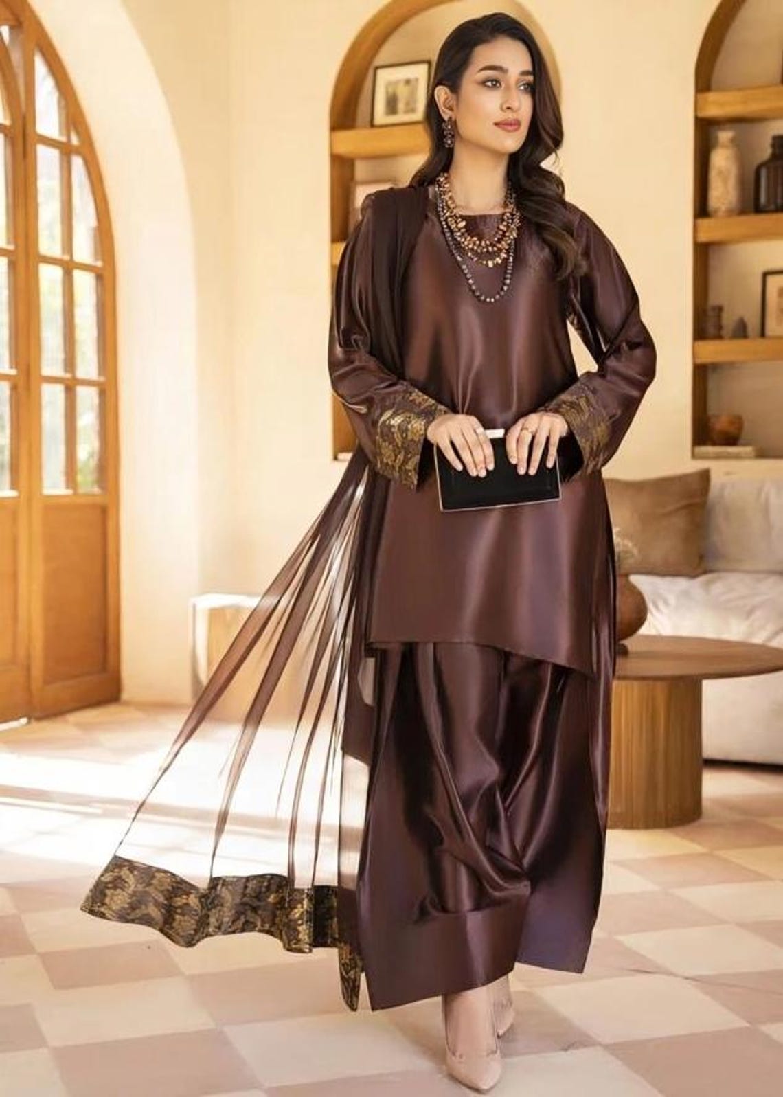 Chocolate Brown Farshi Shalwar Suit , Pakistani Indian Farshi Suit ...