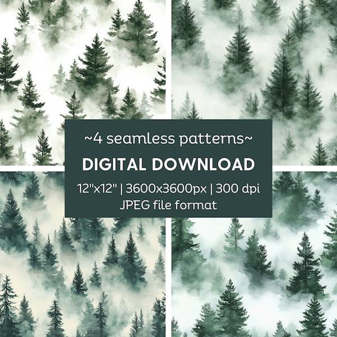 Misty Evergreen Trees Digital Papers Set | 4 Seamless Nature Patterns ...