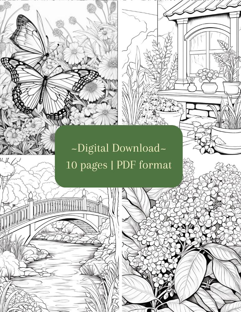 Relaxing Cottagecore Garden Coloring Pages | Printable Cozy Spring ...
