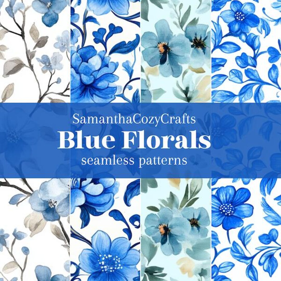 Blue Flowers Digital Papers Set | Botanical Instant Download Seamless ...