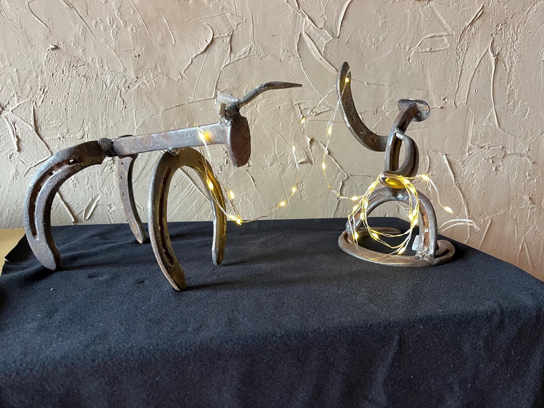 Roper Cowboy Horseshoe Metal Art Figure With Lasso and Bull, Cattle ...