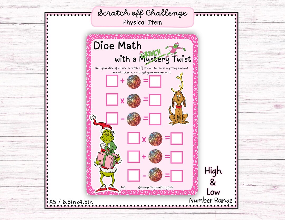 Grinchmas Dice Math Scratch off Savings Challenge | Low & High Number ...