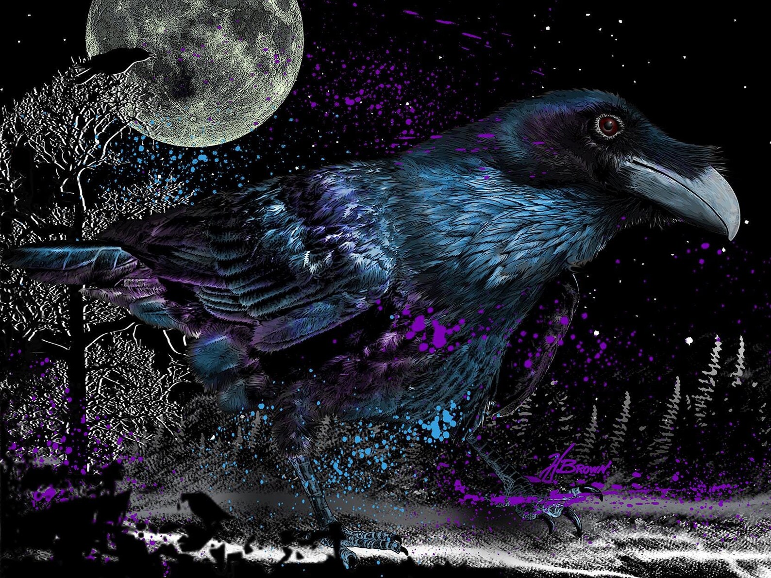 Raven in the Full Moon Giclee on Canvas - Etsy