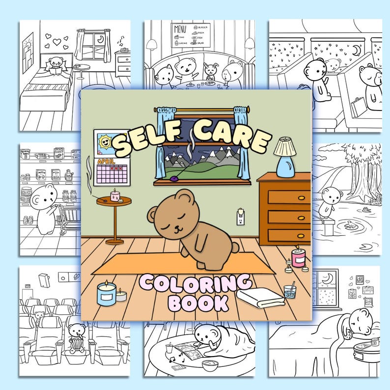 Self Care Coloring Book PDF Cute Cartoon Teddy Bear Art Relaxing Bold ...