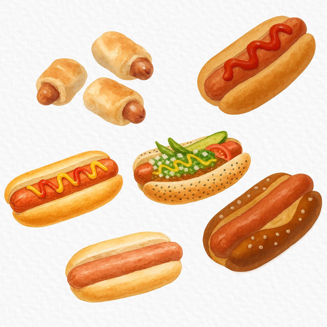 Watercolor Hot Dogs Clipart, Hot Dog Illustration, Junk Food Clipart ...