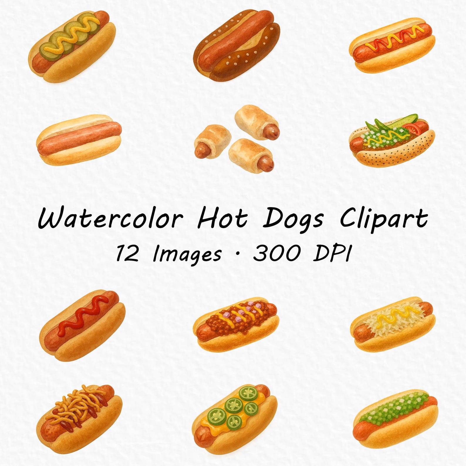 Watercolor Hot Dogs Clipart, Hot Dog Illustration, Junk Food Clipart ...