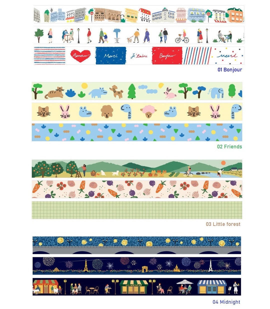 3 Tapes bonjour, Friends, Little Forest or Midnight Printed Korean ...