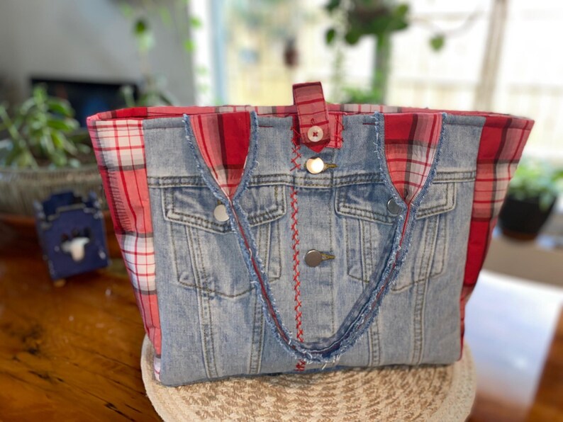 Upcycled Denim Patchwork Quilted Bag: Repurposed Red Plaid Purse - Etsy