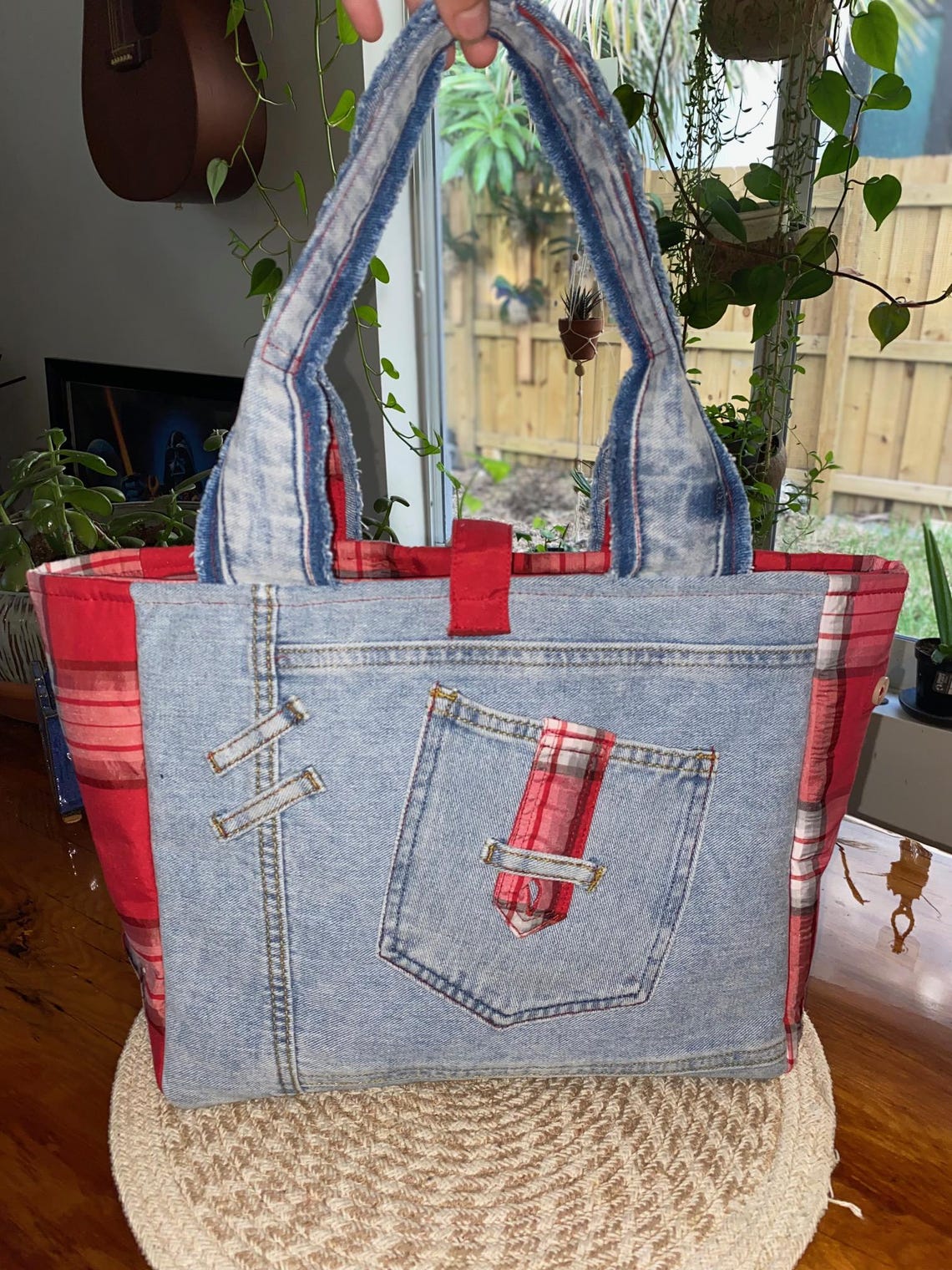 Upcycled Denim Patchwork Quilted Bag: Repurposed Red Plaid Purse - Etsy