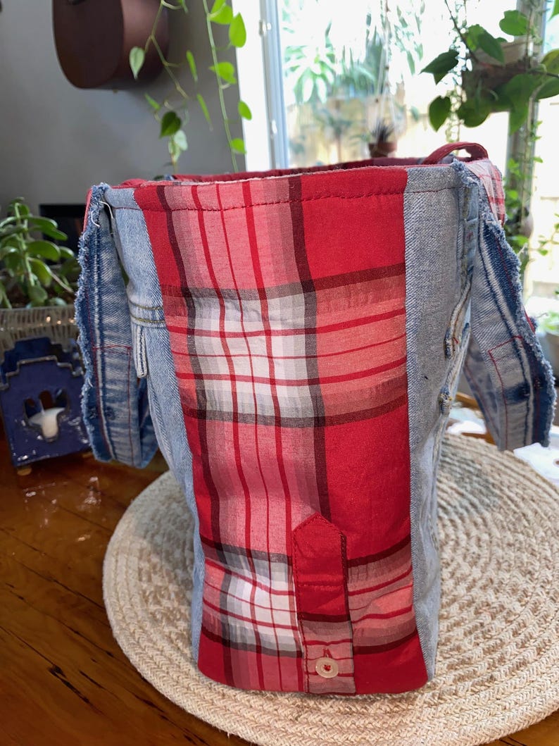 Upcycled Denim Patchwork Quilted Bag: Repurposed Red Plaid Purse - Etsy