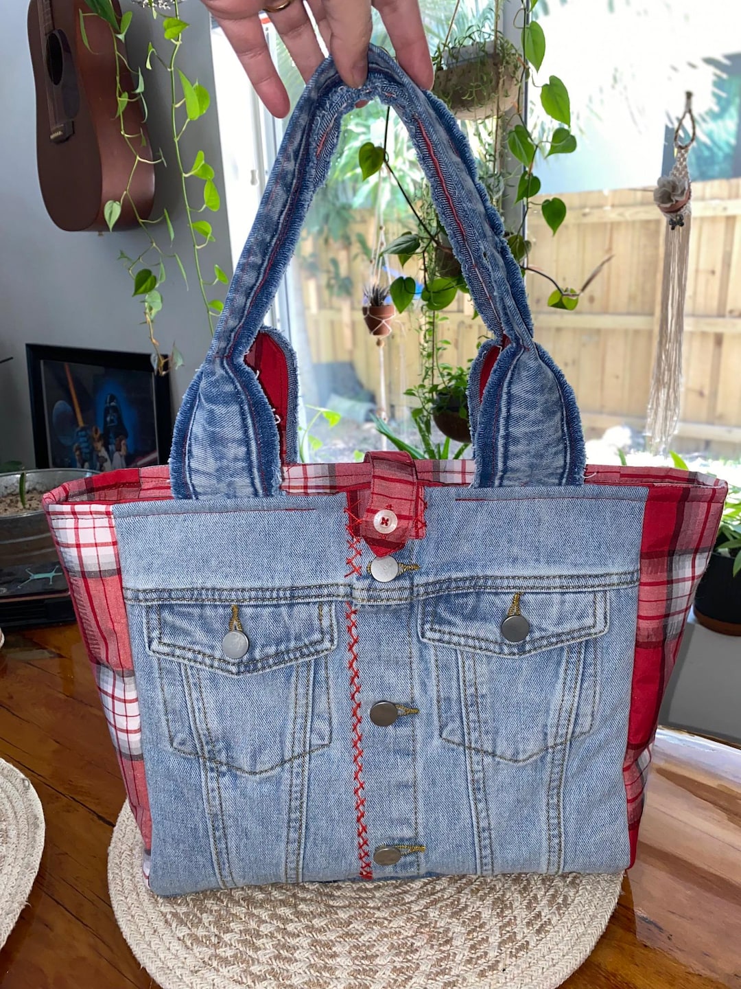 Upcycled Denim Patchwork Quilted Bag: Repurposed Red Plaid Purse - Etsy