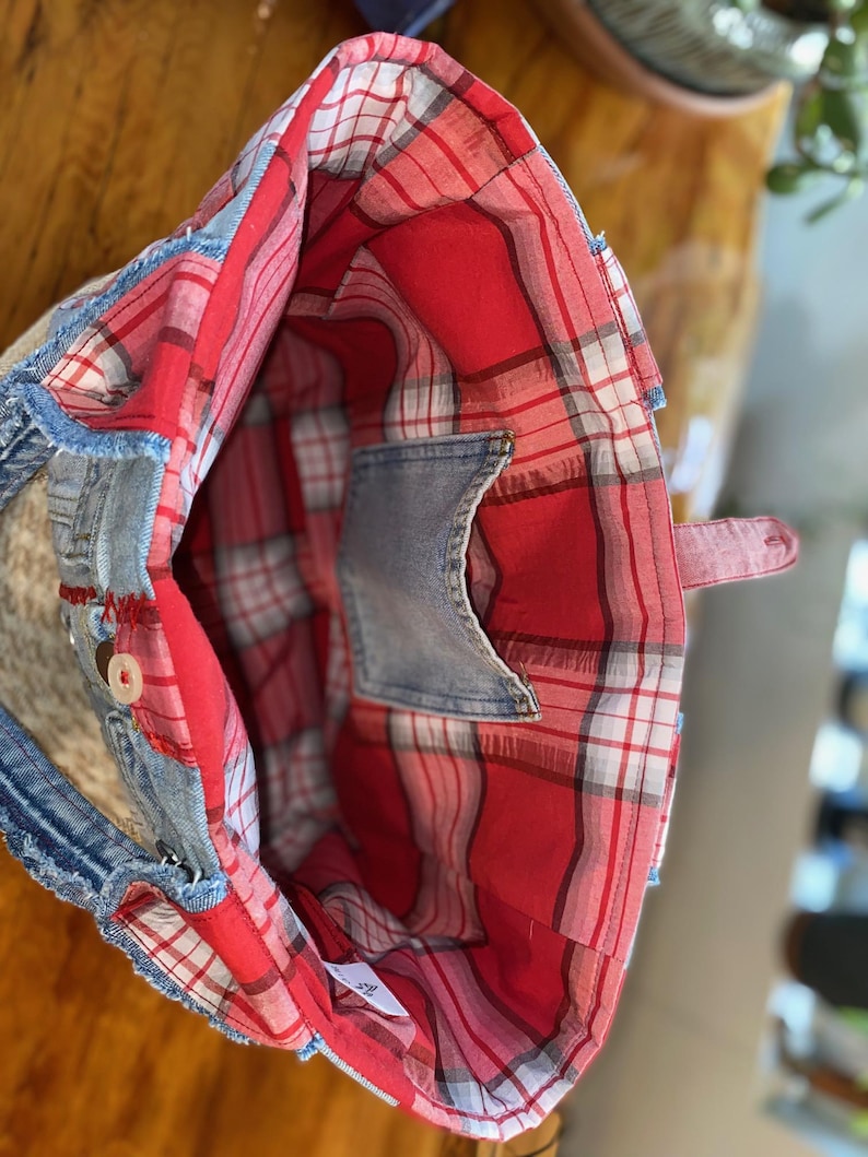 Upcycled Denim Patchwork Quilted Bag: Repurposed Red Plaid Purse - Etsy