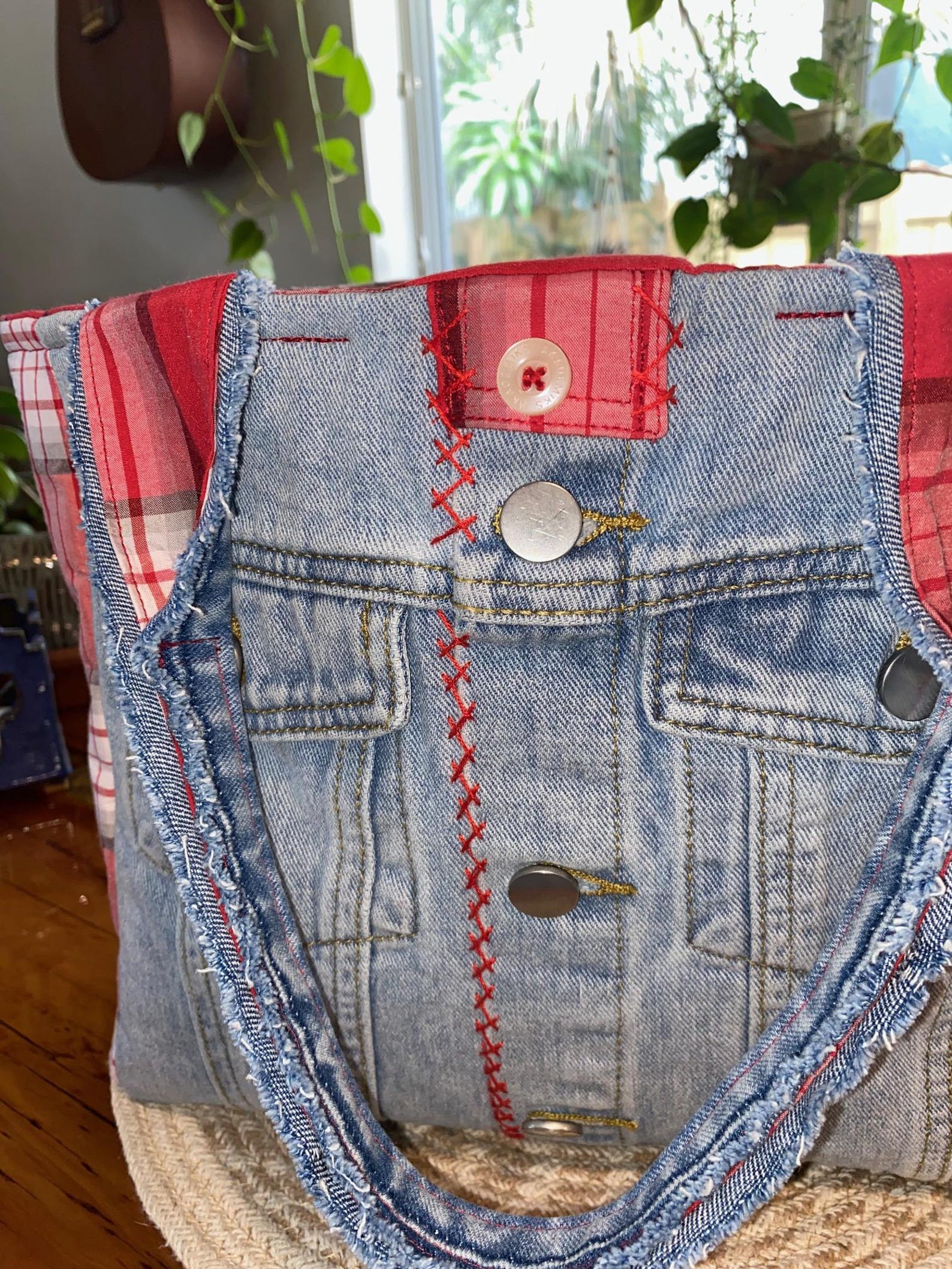 Upcycled Denim Patchwork Quilted Bag: Repurposed Red Plaid Purse - Etsy
