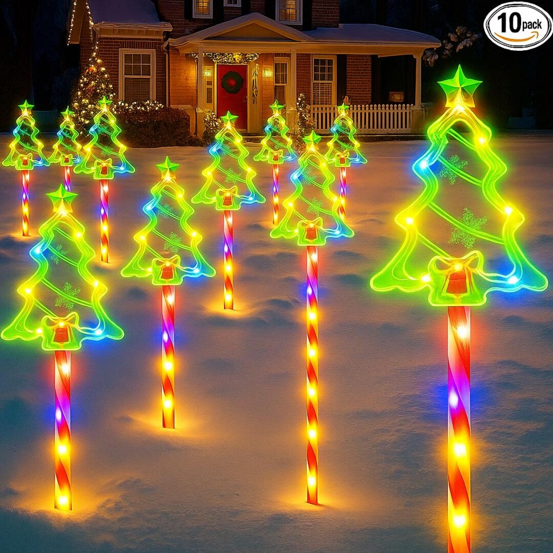 Solar Christmas Pathway Lights 10 Pack, Waterproof LED Xmas Tree Candy ...