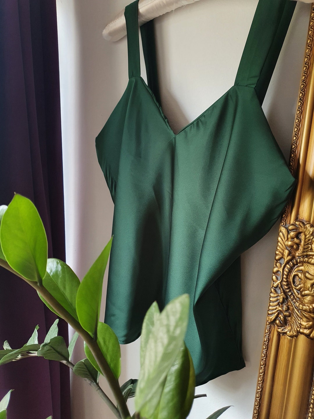 Emerald Silky Satin Top, Green Formal Cami, Evening Sleeveless Blouse ...