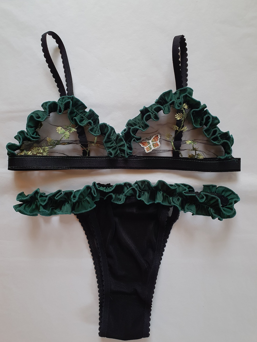 Sheer Floral Bra, Ruffle Emerald Satin, Transparent Luxury, Embroidered ...