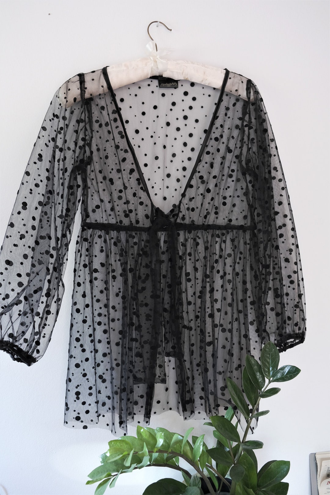 Sheer Nightgown Black Mesh Robe Polka Dots Transparent Top Sheer Blouse ...
