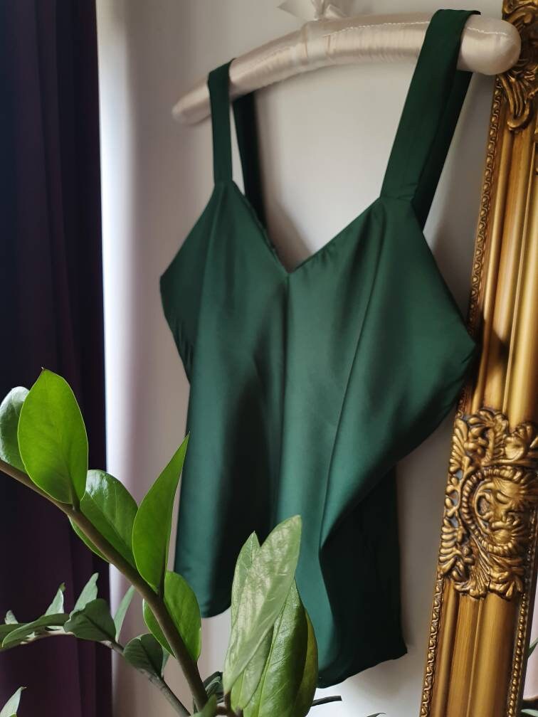 Emerald Silky Satin Top, Green Formal Cami, Evening Sleeveless Blouse ...