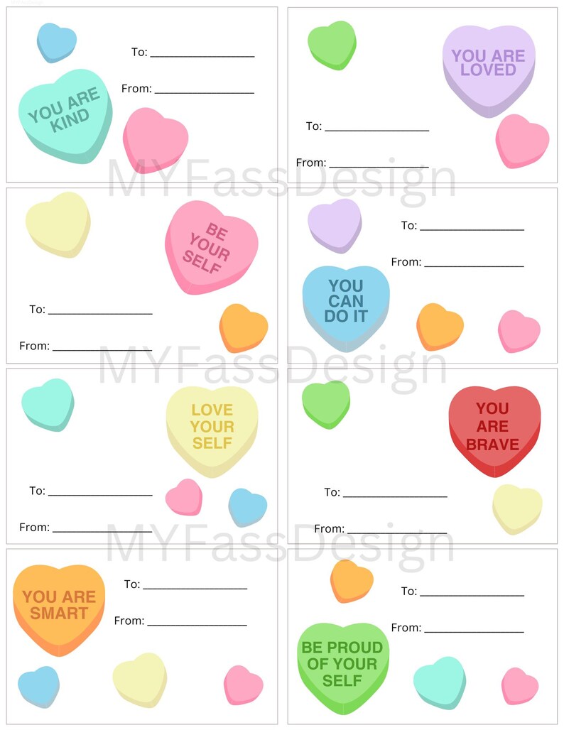 Ready to Print Cute Candy Heart Valentines for Kids With Positive ...