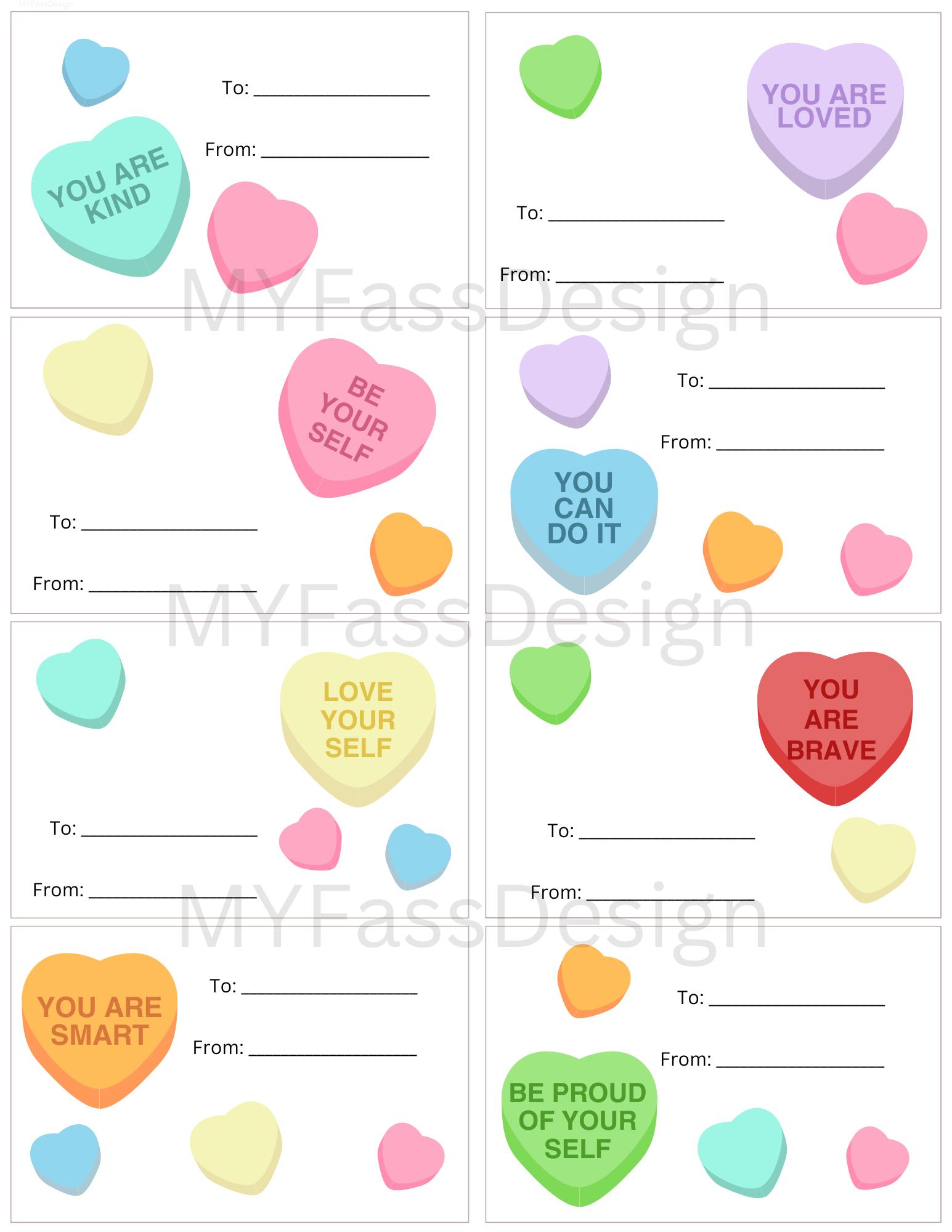 Ready to Print Cute Candy Heart Valentines for Kids With Positive ...