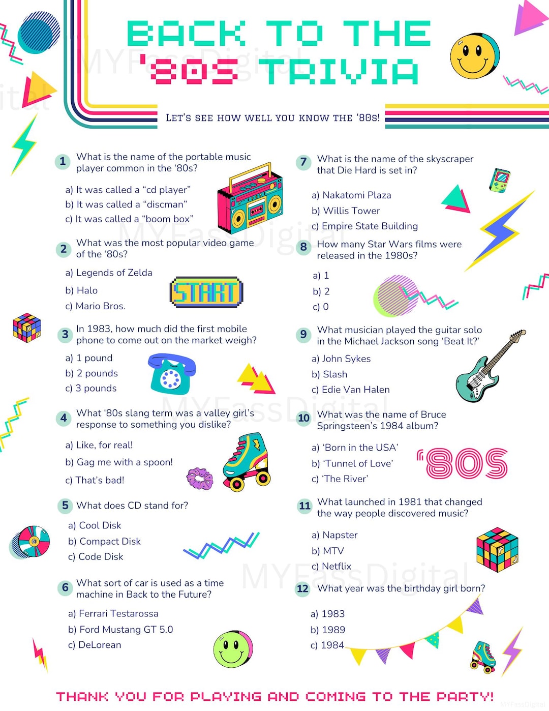 80s Trivia Birthday Party Game: Fun, Retro, Customizable, Printable ...