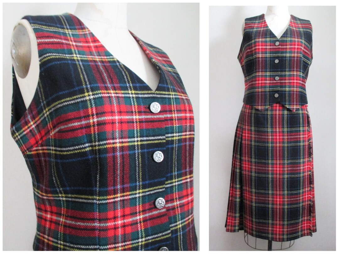 Black Stewart Tartan Kilt & Vest Wool Plaid Waist 28 Leather Tabs ...