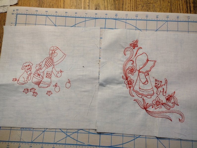 1ME. Vintage Machine Embroidered Redwork Quilt Blocks, Cuts Down to 9 1 ...