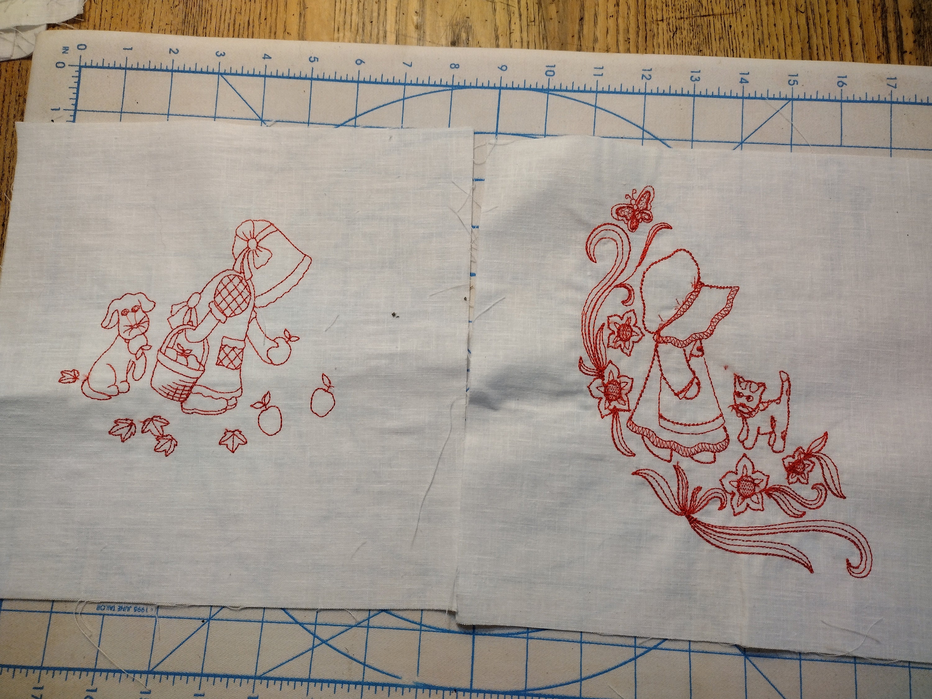 1ME. Vintage Machine Embroidered Redwork Quilt Blocks, Cuts Down to 9 1 ...