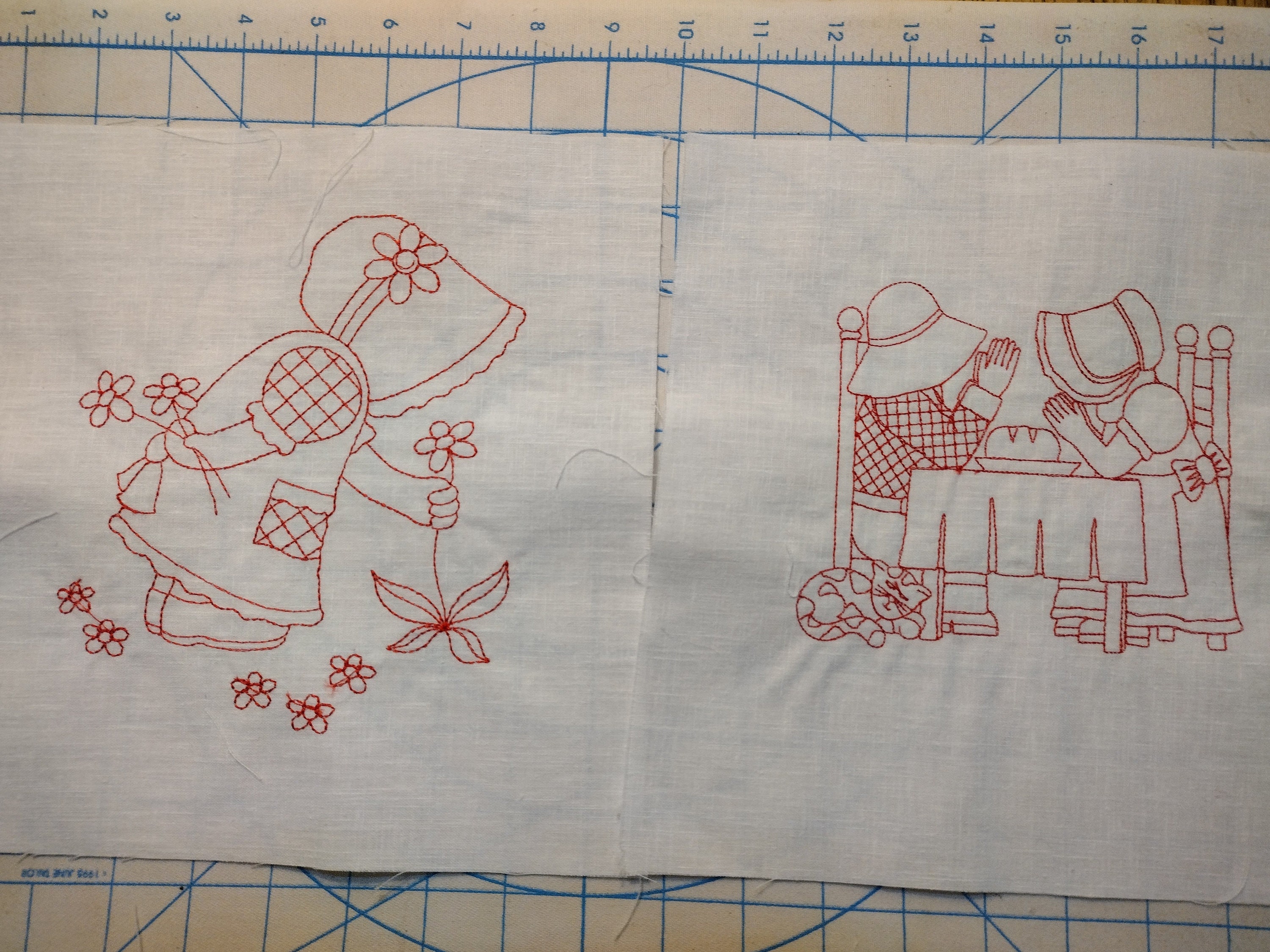 1ME. Vintage Machine Embroidered Redwork Quilt Blocks, Cuts Down to 9 1 ...