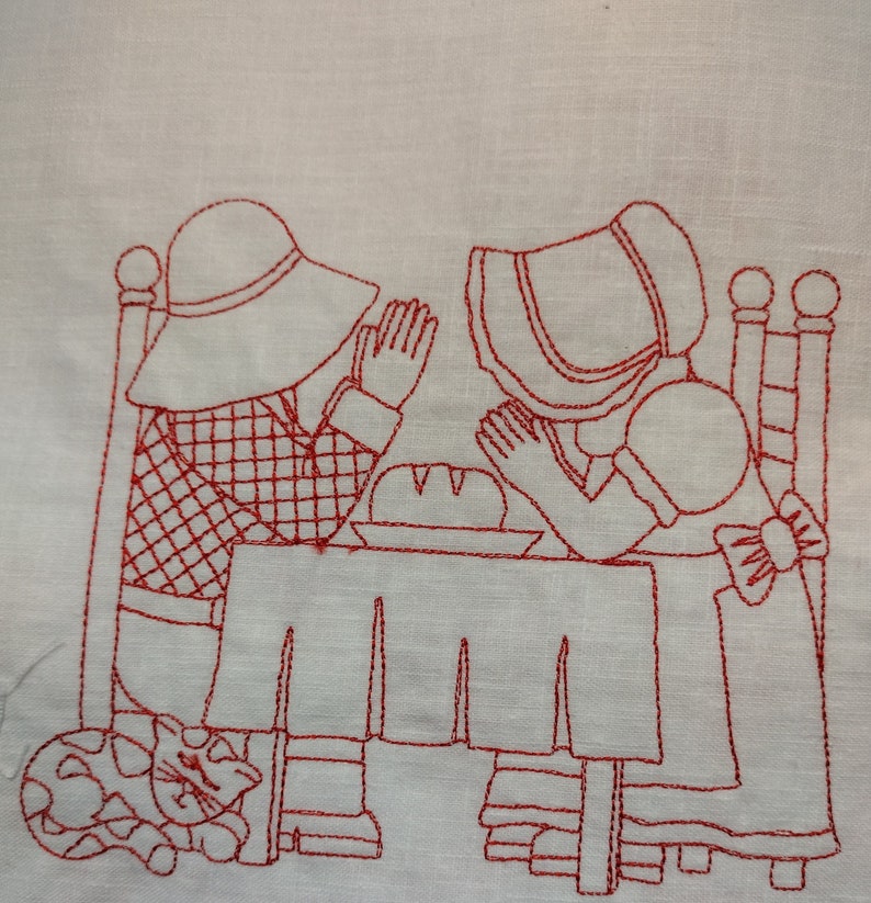 1ME. Vintage Machine Embroidered Redwork Quilt Blocks, Cuts Down to 9 1 ...