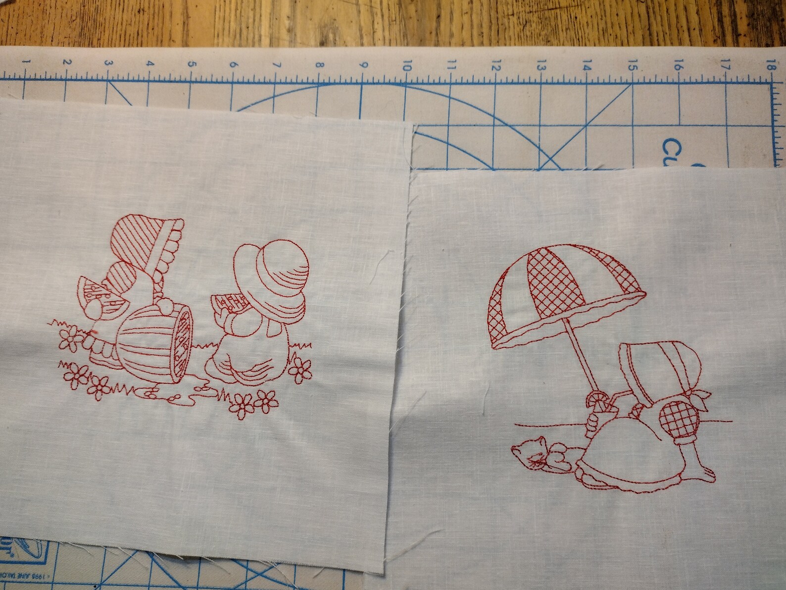 1ME. Vintage Machine Embroidered Redwork Quilt Blocks, Cuts Down to 9 1 ...