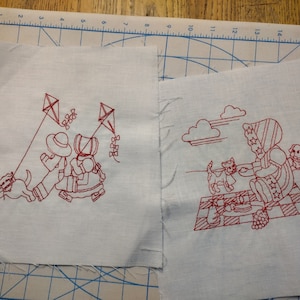 1ME. Vintage Machine Embroidered Redwork Quilt Blocks, Cuts Down to 9 1 ...