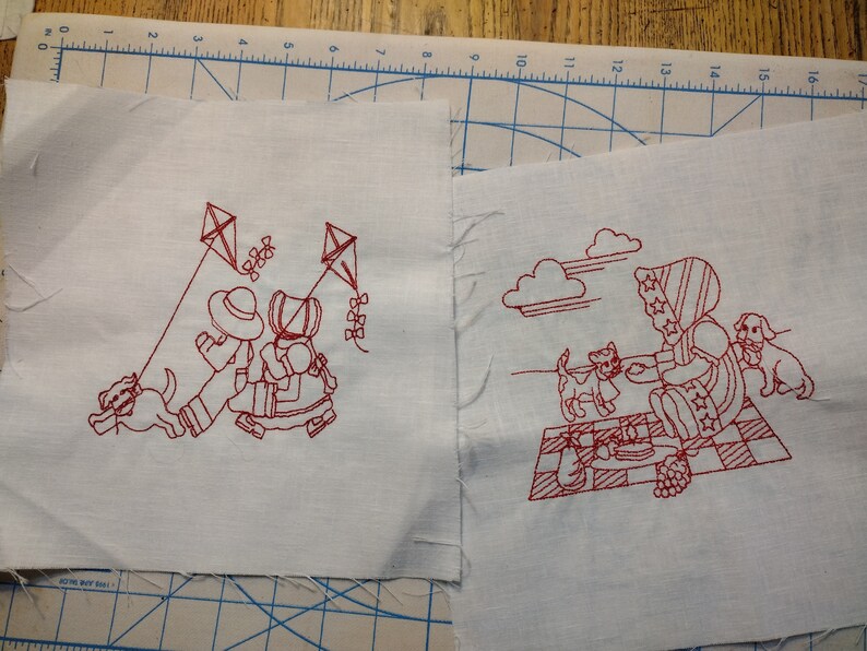 1ME. Vintage Machine Embroidered Redwork Quilt Blocks, Cuts Down to 9 1 ...