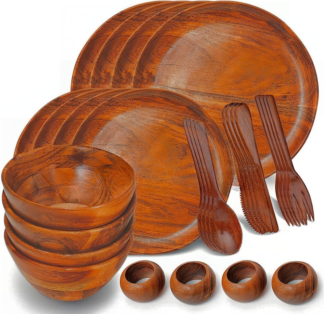 Wooden Dinnerware Set With 12 Pieces | Wooden Plates | Tableware ...