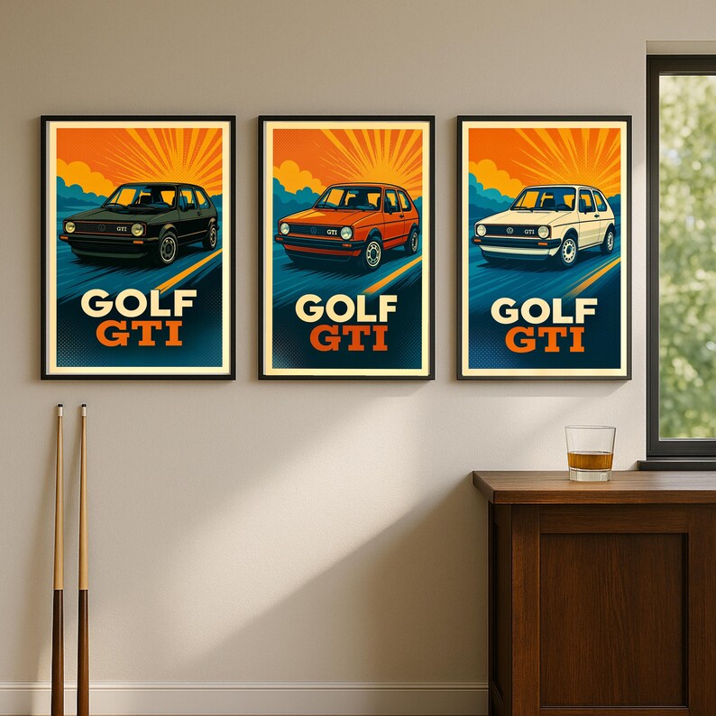VW Golf GTI Poster Set – Mk1 GTI Wall Art in Black, Red & White – Retro ...