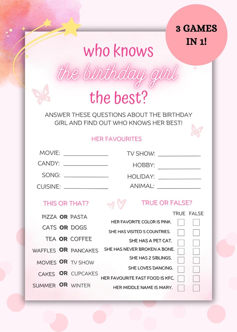 Who Knows Birthday Girl Best Girls Night Games Pink Birthday Printable ...