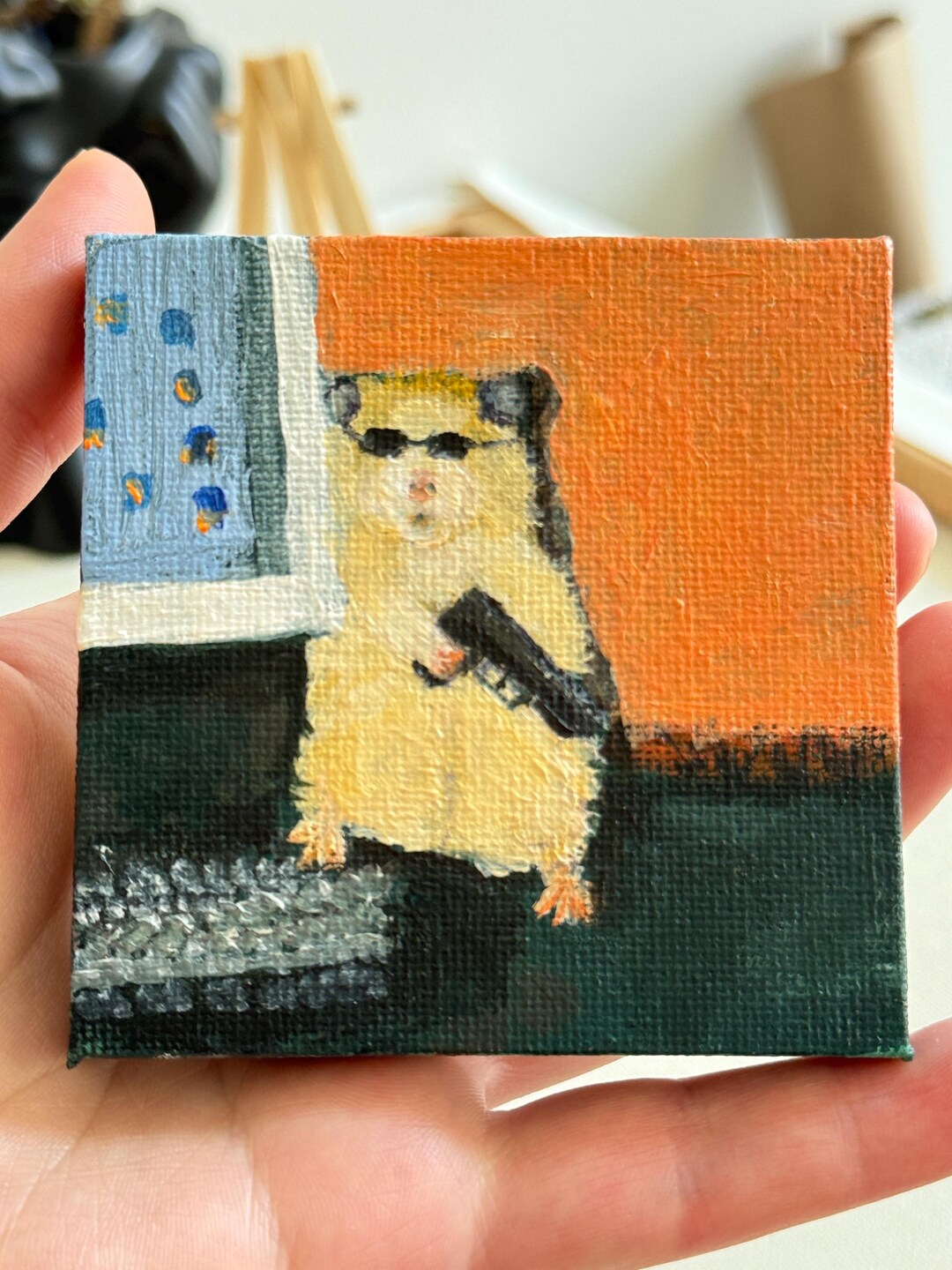 Funny Hamster Oil Painting: Meme Animal Art With Mini Easel - Etsy