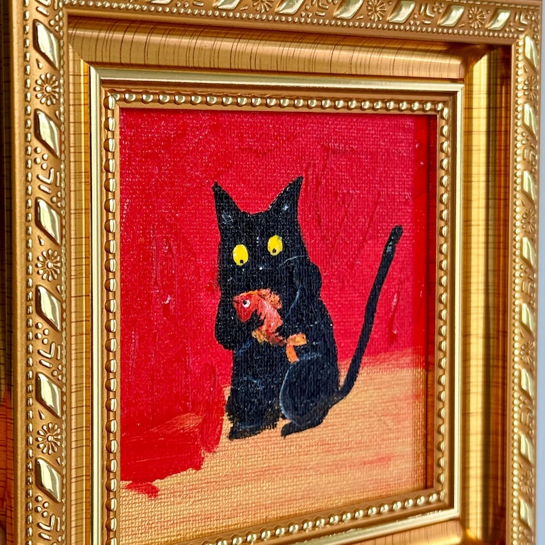 Black Cat With Fish Art, Oil Painting in Gold Frame, Mini Handmade Art ...