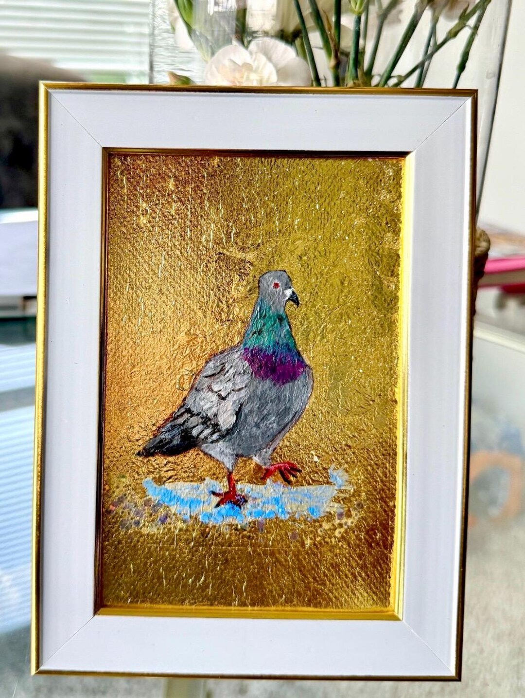 Pigeon Oil Painting on Gold Leaf – Framed Bird Portrait Handmade - Etsy