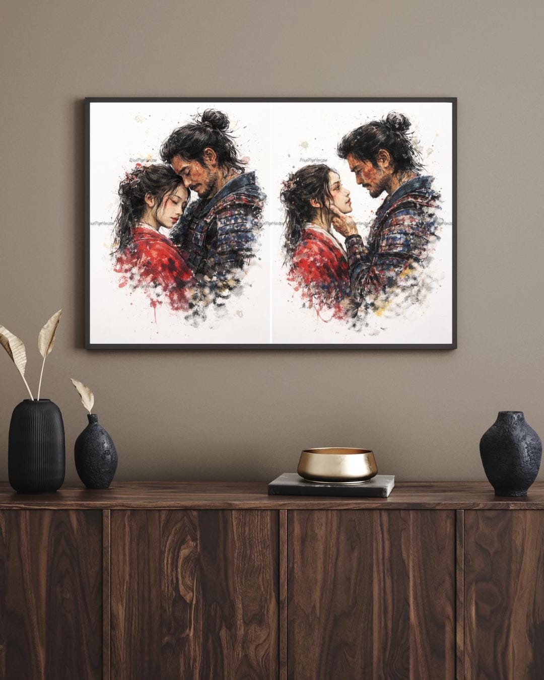 Samurai & Geisha Eternal Bond – Dramatic Watercolor Ink Art | 7-piece ...