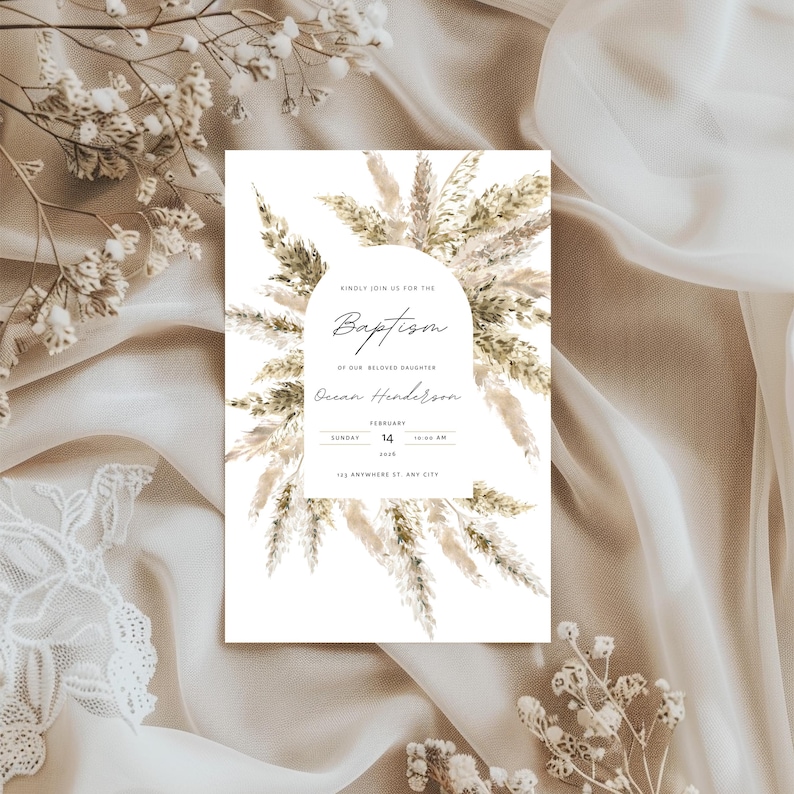 Pampas Baptism Invitation Template | Canva Invite | Baby Announcement ...