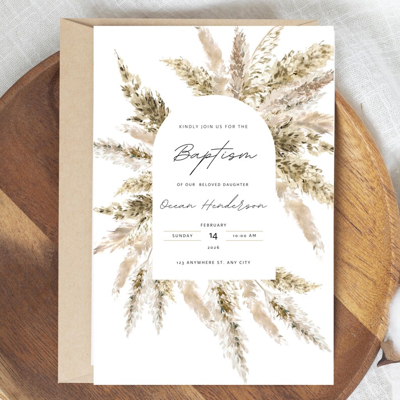 Pampas Baptism Invitation Template | Canva Invite | Baby Announcement ...