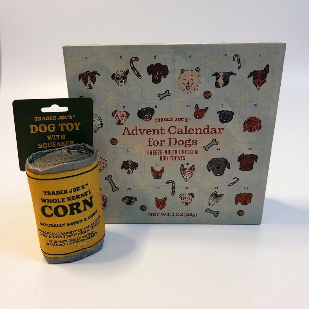 Trader Joe’s Advent Calendar for Dogs + Whole Kernel Corn Squeaky Toy ...