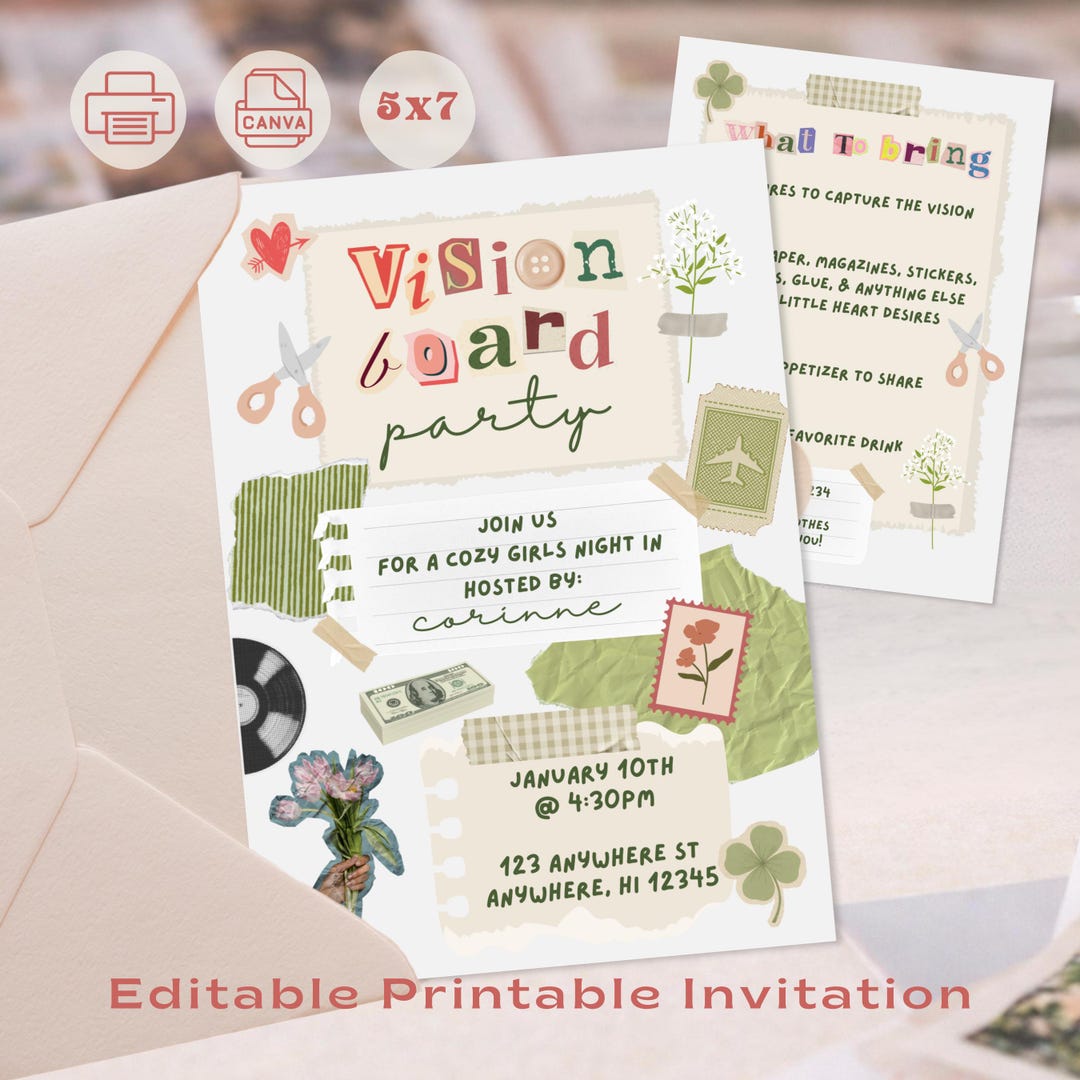 Printable Vision Board Party Invite Template | Editable Canva ...