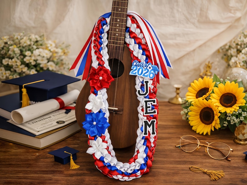 Personalized Tri-color Graduation Lei, Custom Double Braided Ribbon Lei ...
