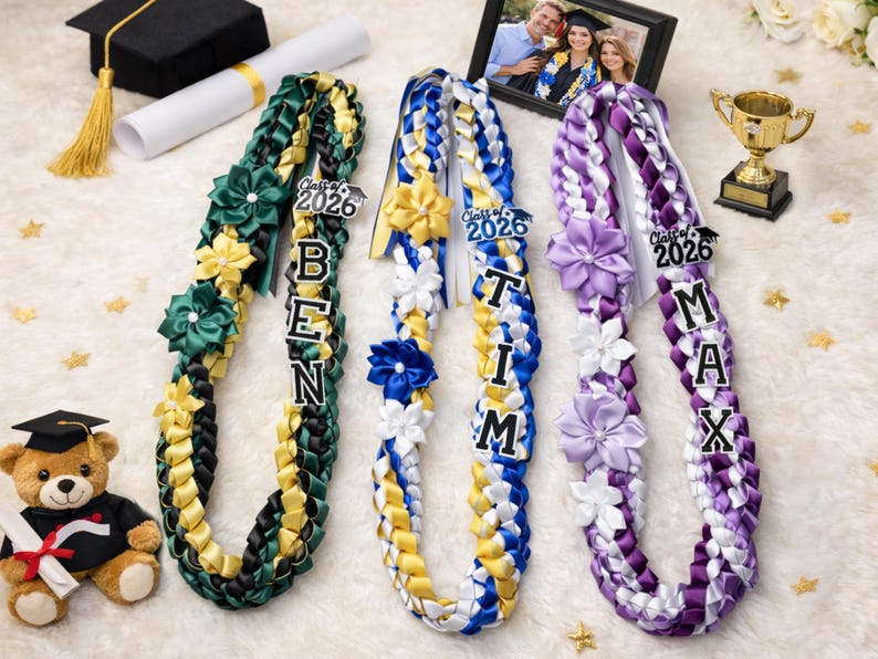 Personalized Tri-color Graduation Lei, Custom Double Braided Ribbon Lei ...
