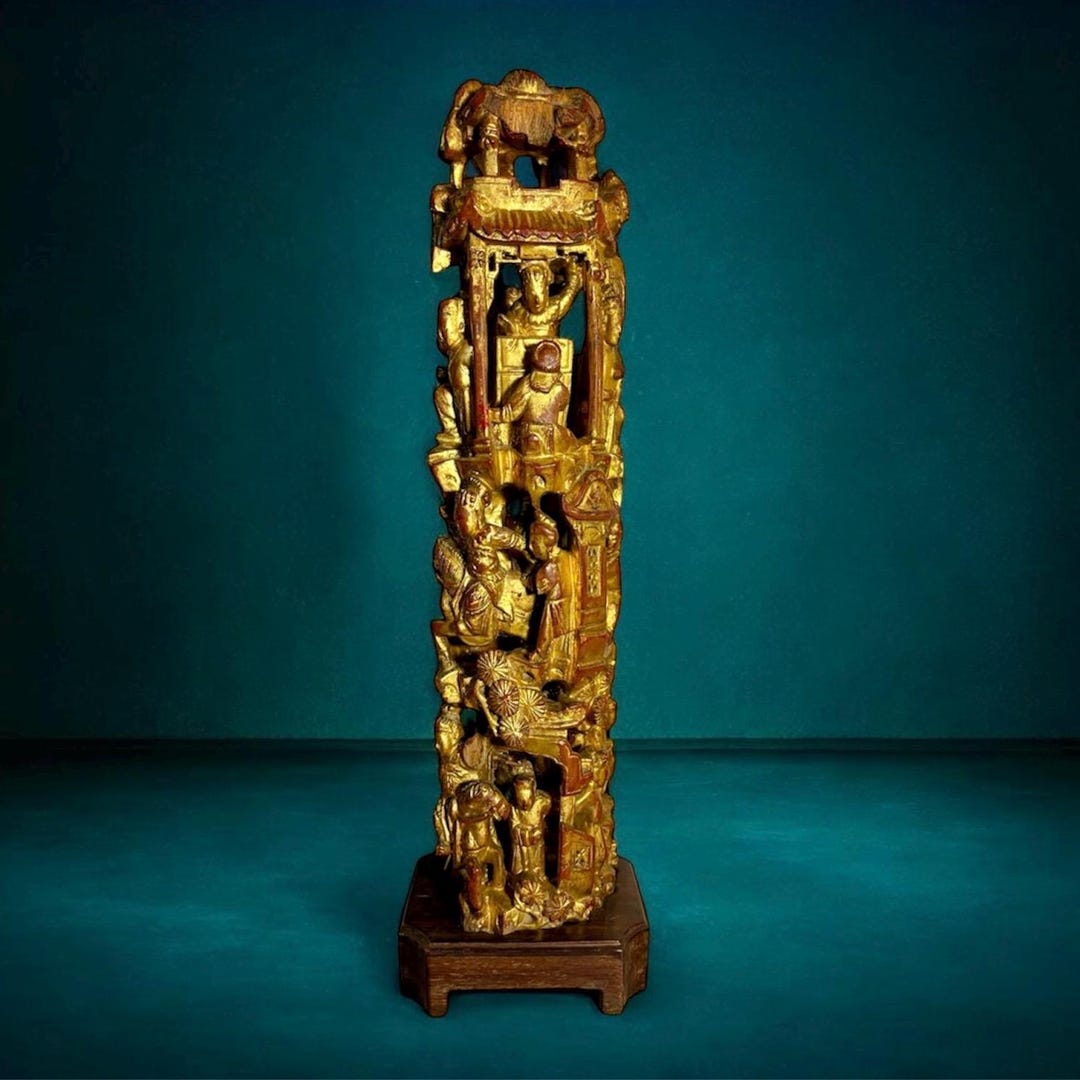 Antique Chinese Giltwood Carving – Late Qing Dynasty Pillar or Bed Post ...
