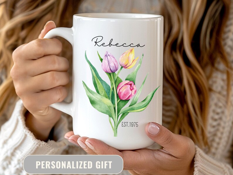 Personalized 50th Birthday Mug, Floral Tulip Coffee Cup, Custom Name - Etsy